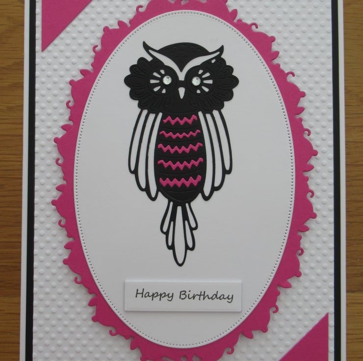 Owl Silhouette - A5 Birthday Card - Cerise Pink - Folksy