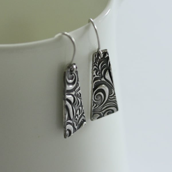 Fine silver long patterned earrings - Folksy