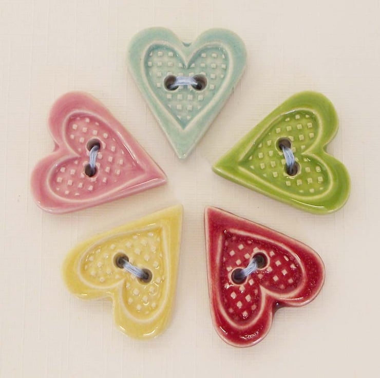 Set of five bright heart ceramic buttons - Folksy
