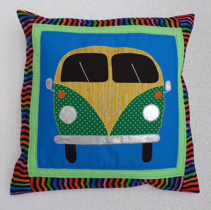 Applique VW Camper Van Cushion Cover in Blue wi... - Folksy