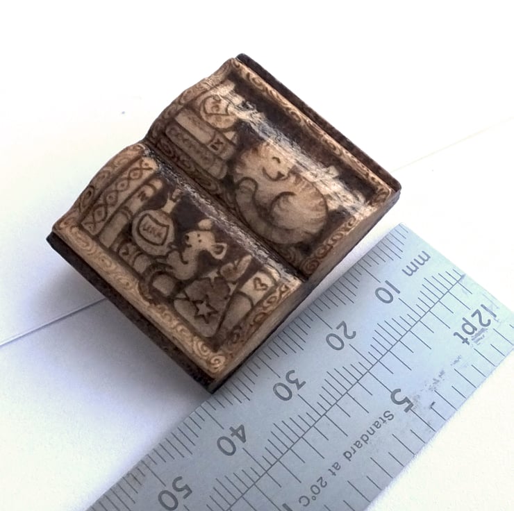Wooden pyrography book shaped bookshelf brooch ... - Folksy