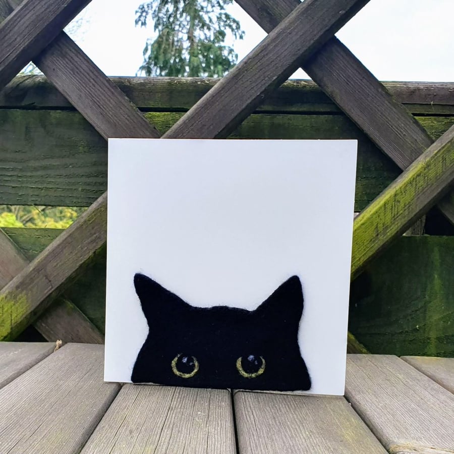 PEEKING BLACK CAT NEEDLE FELTED CARD - Folksy