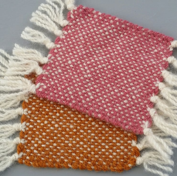 Hand Woven Wool Coasters - Set of 4 - Pink, Gol... - Folksy