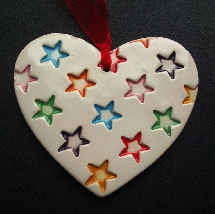 Bright patterned ceramic heart star decoration - Folksy