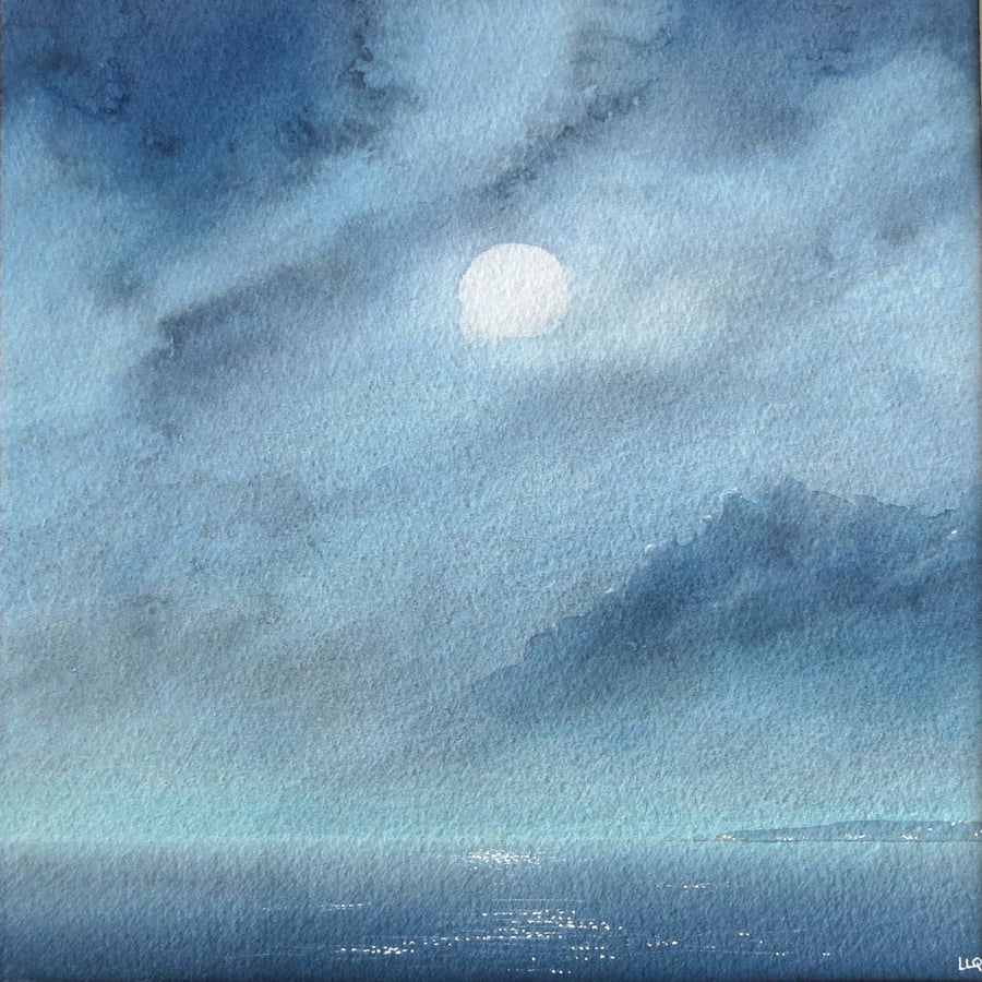 Original painting full moon across the bay summ... - Folksy