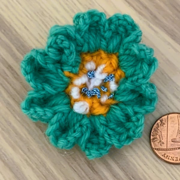 Crochet Flower Badge Brooch Metallic Thread Gre... - Folksy