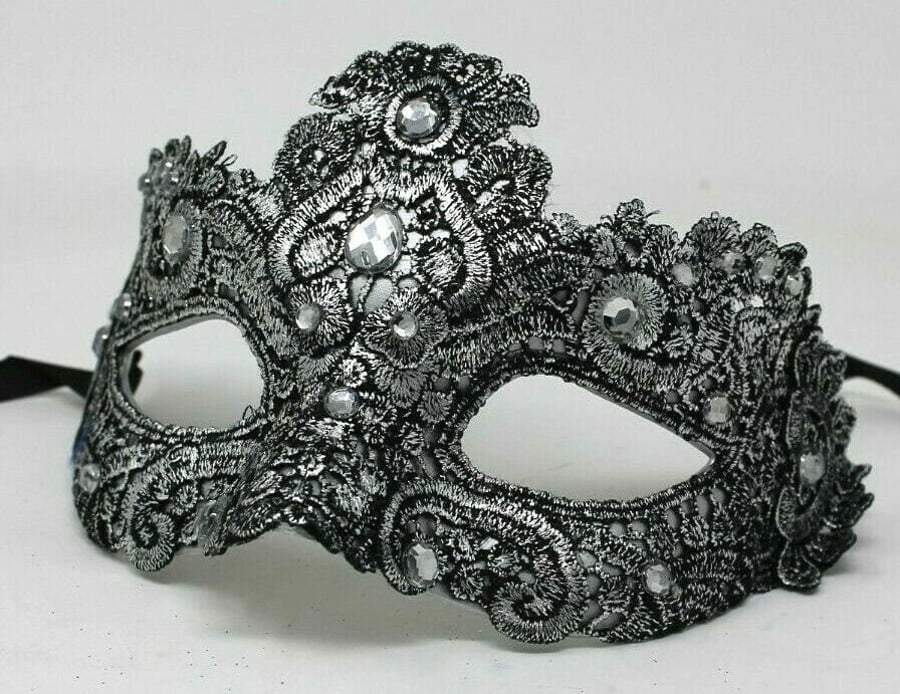 Black and Silver Brocade Lace Masquerade Mask - Folksy