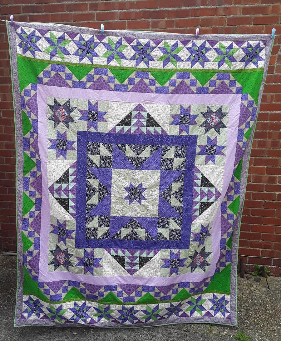 Purple and Green Patchwork Quilt, 100% cotton - Folksy