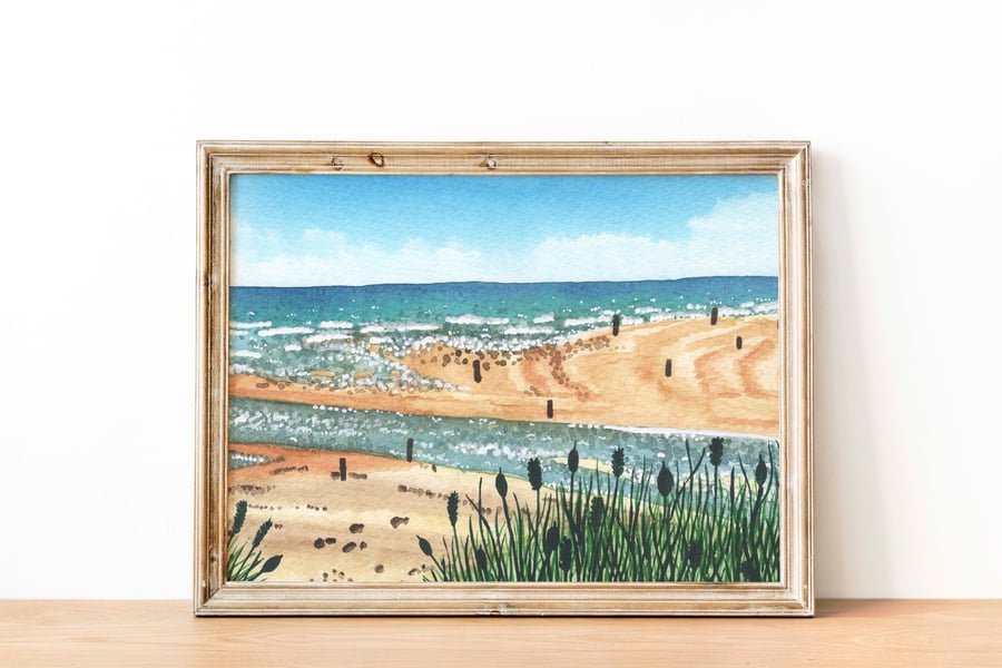 A4 beadnell beach seascape watercolour art print - Folksy