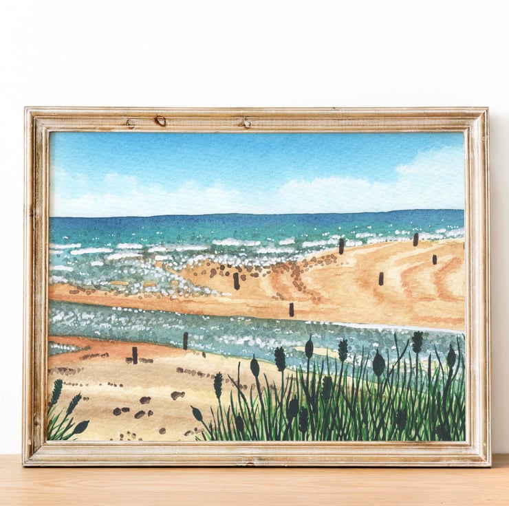A4 beadnell beach seascape watercolour art print - Folksy