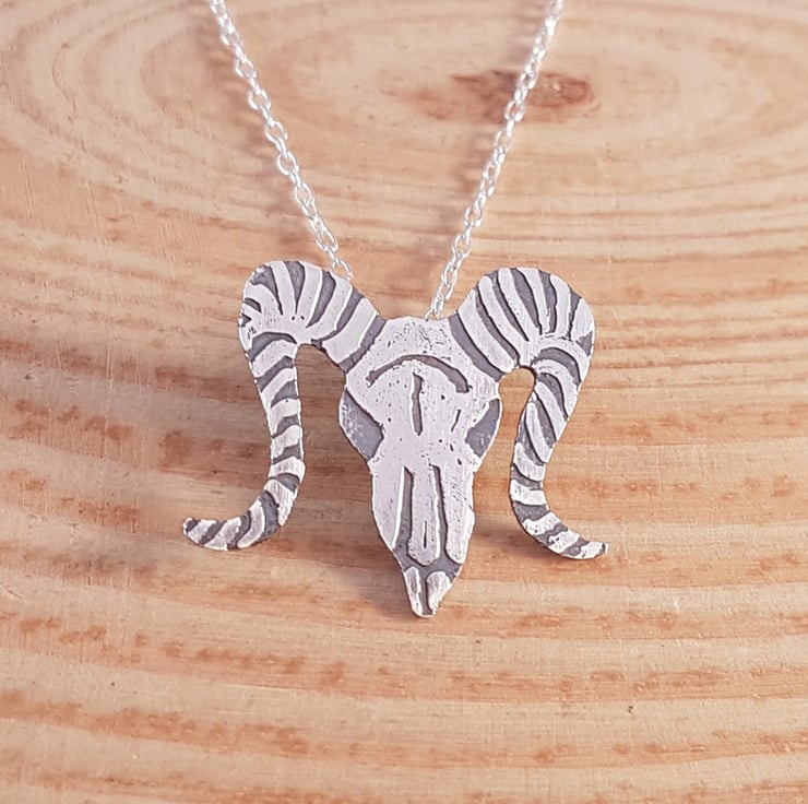 Sterling Silver Etched Ram Skull Necklace Pendant - Folksy