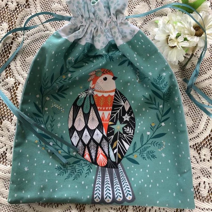 Beautiful Bird Lined, Drawstring Bag - Folksy