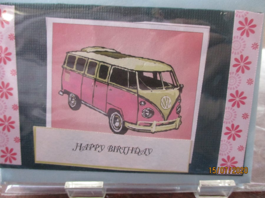 Happy Birthday Pink VW Van Card - Folksy