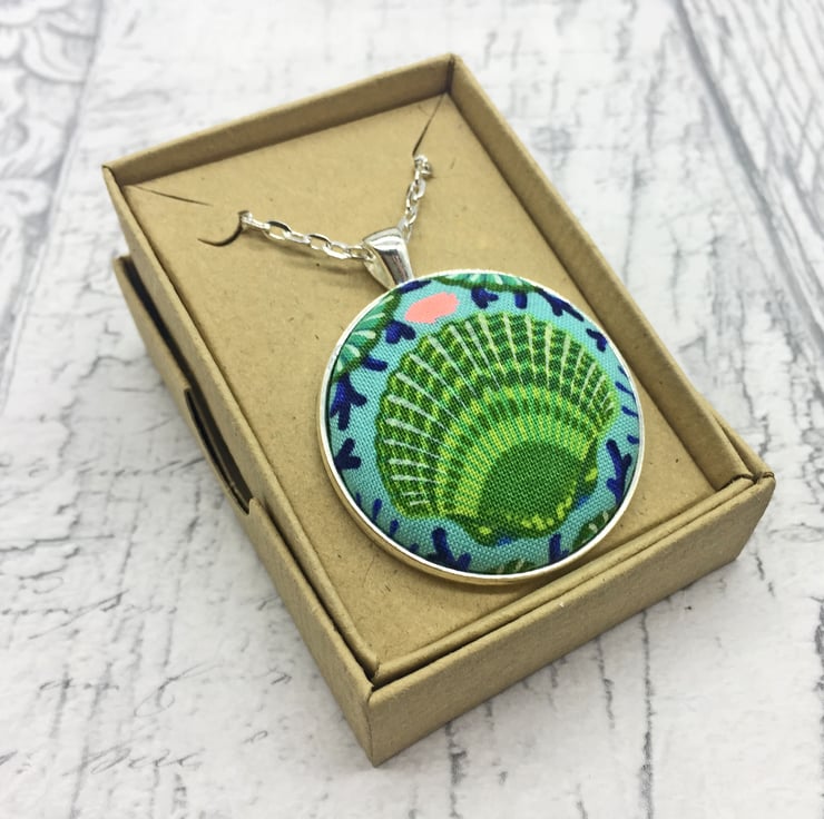 Green Seashell blue coral fabric button pendant... - Folksy
