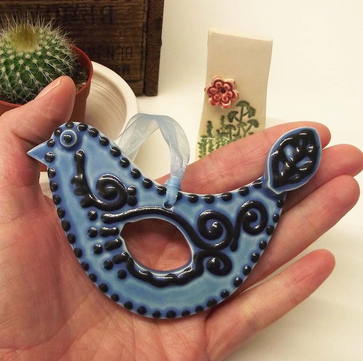 ceramic folk art bird decoration Pottery - Folksy