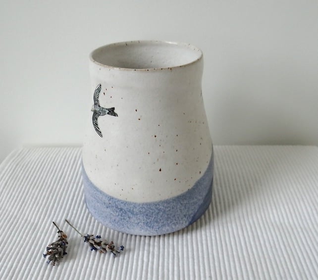 Ceramic vase in blue and white with flying bird... - Folksy