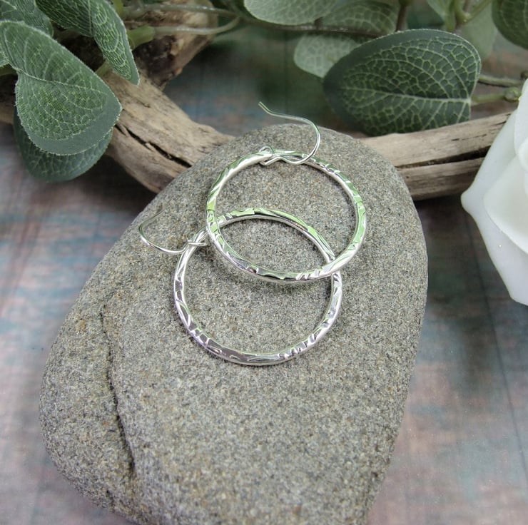 Earrings, Sterling Silver Patterned Hoops - Folksy