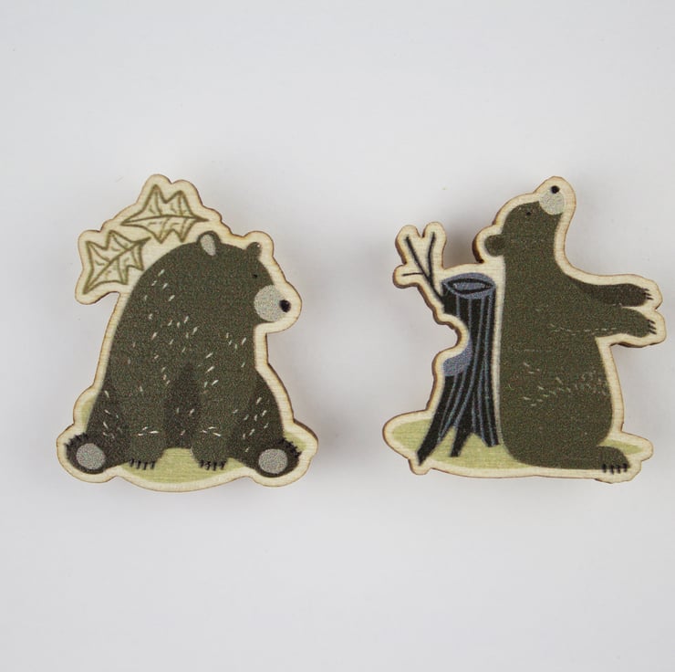 2 Wooden Woodland Bear Pin Badges - Folksy