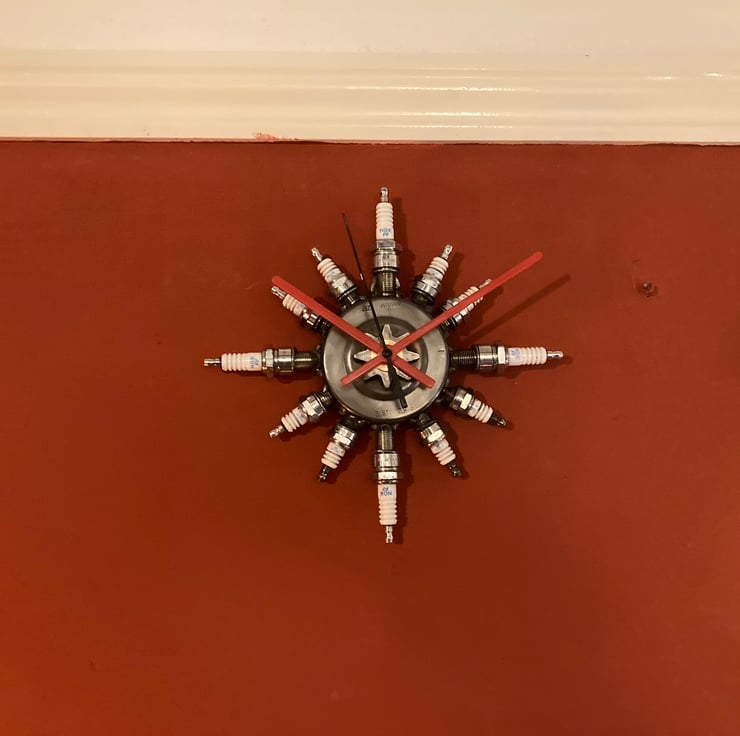 Sunburst Wall Clock, Repurposed Spark Plugs - Folksy