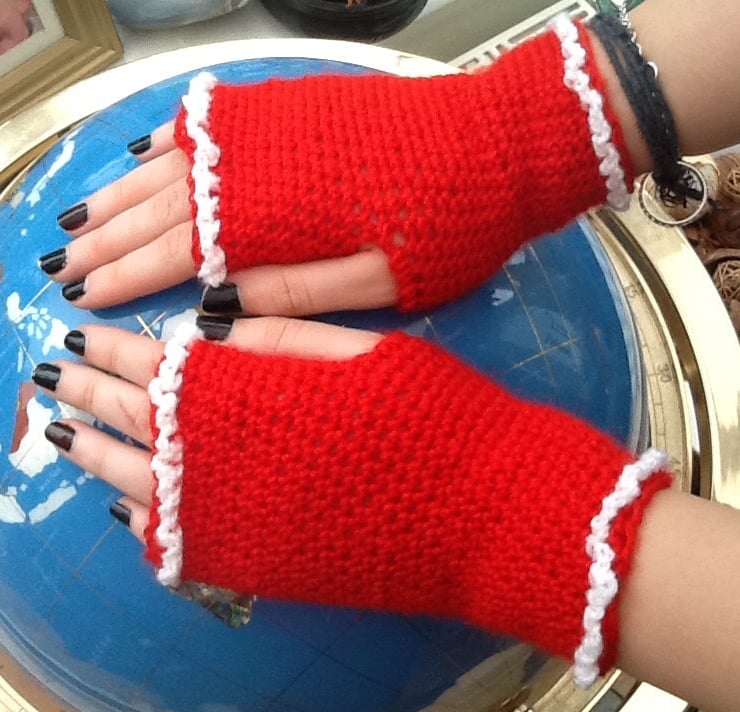 Festive Red! Crocheted Fingerless Mittens, wit... - Folksy