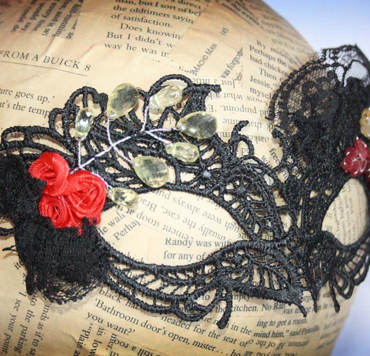 Black Lace Red Rose Beaded Masquerade Mask Fanc... - Folksy