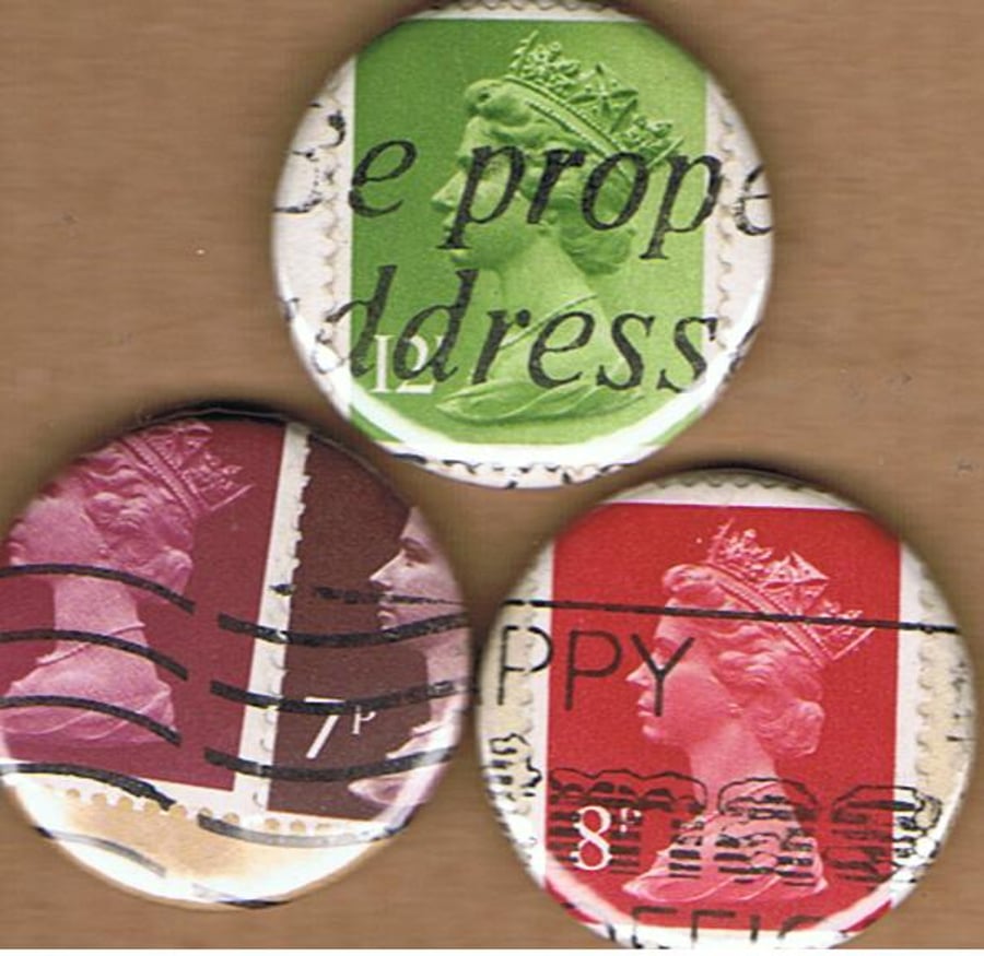 3 x Upcycled vintage postage stamp badge - Mach... - Folksy