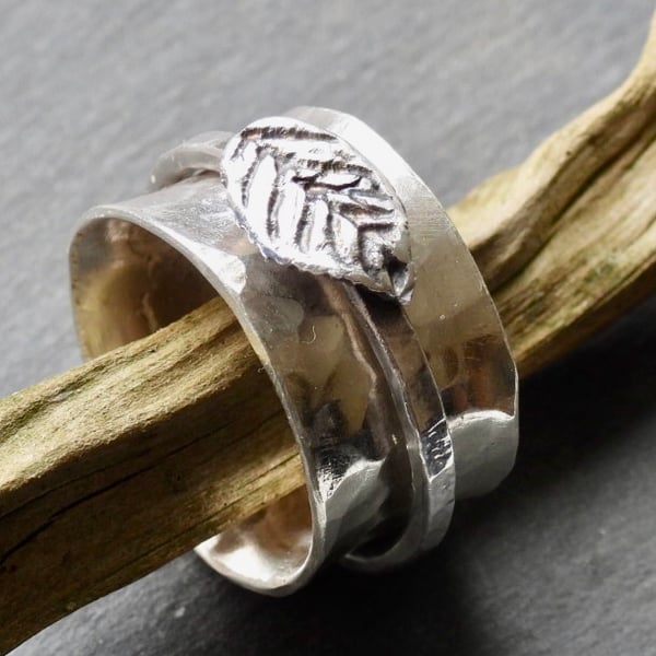 Wide spinner ring, with leaf spinner band. - Folksy