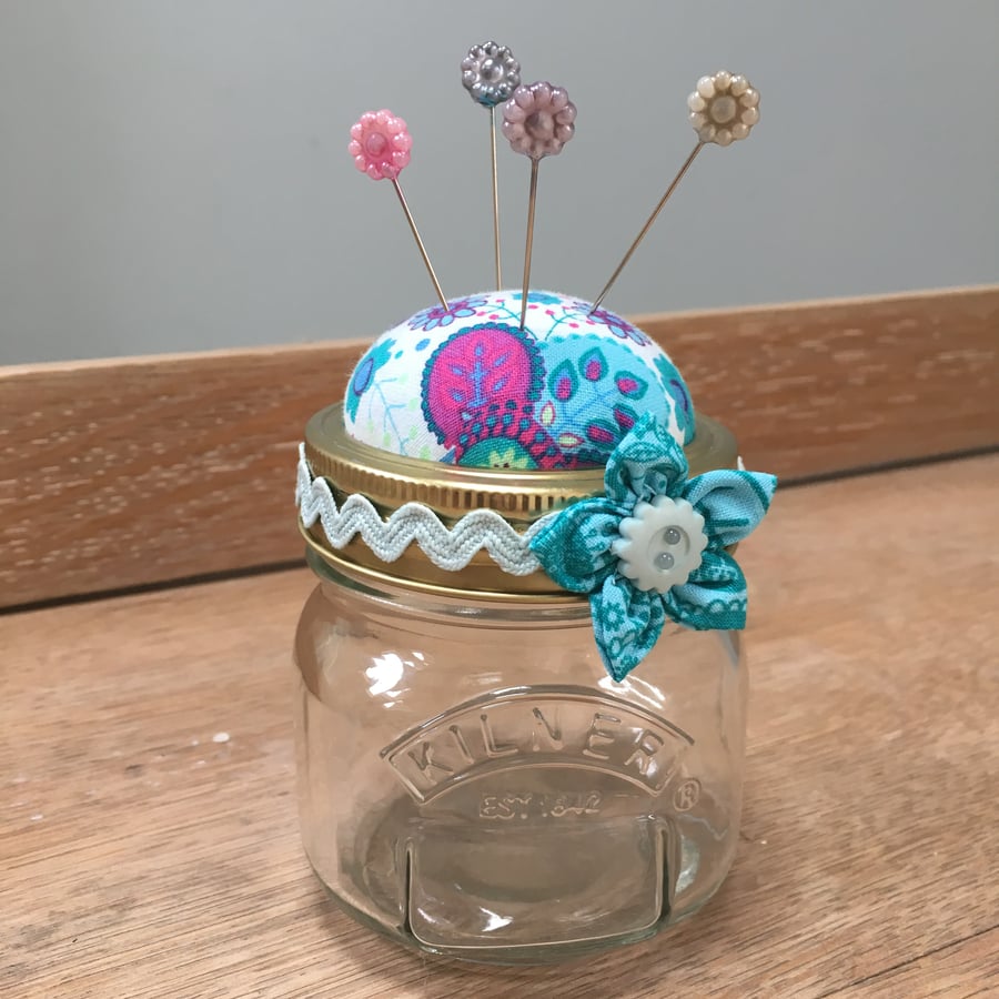 Pin Cushion Jar with flower - Folksy