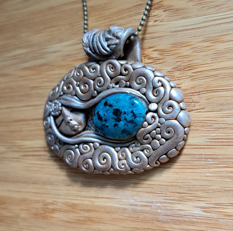 Blue Pearl Larvikite and Polymer Clay Goddess A... - Folksy