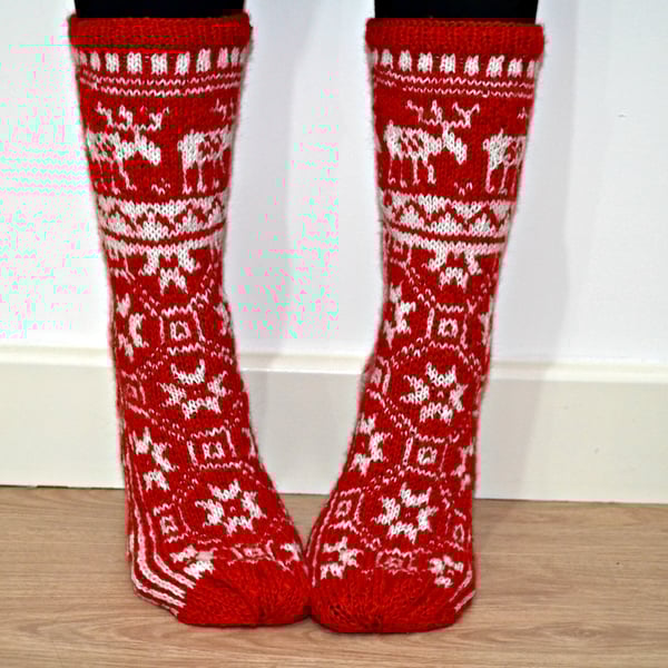 Hand Knit Wool Socks Red White Christmas Reinde... - Folksy