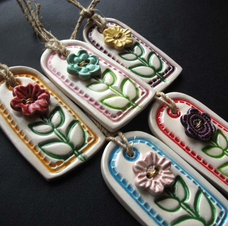 Set of five flower button tag ceramic decorations - Folksy