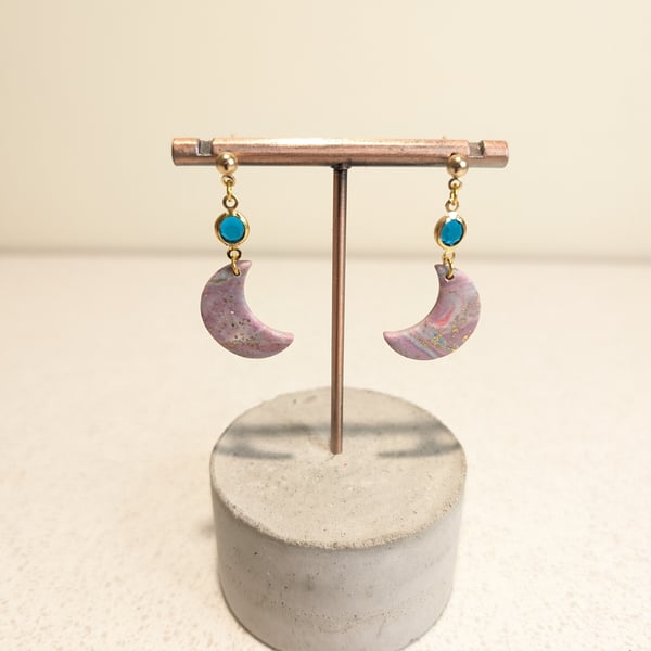 Pink Marble Moon Dangle Polymer Clay Earrings Folksy