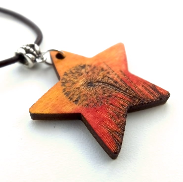 Pyrography star pendant, with a dandelion clock... - Folksy