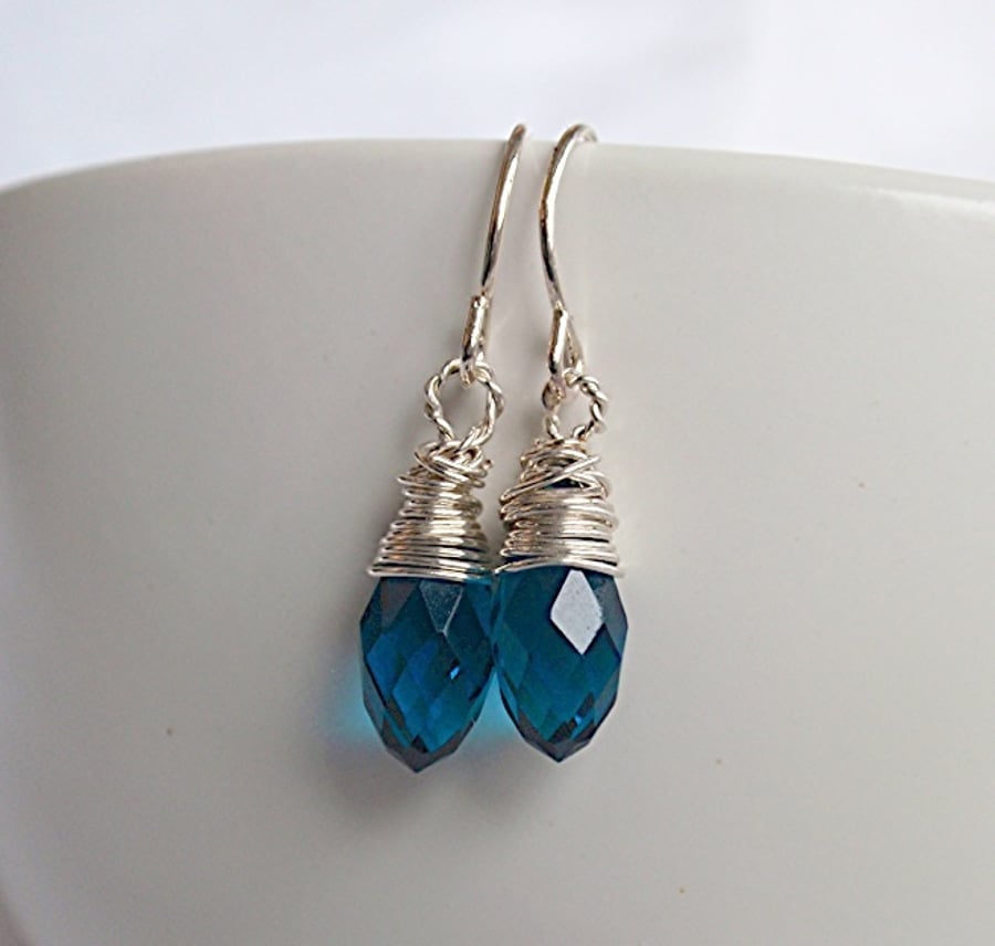 Deep blue crystal wire wrapped earrings - Folksy