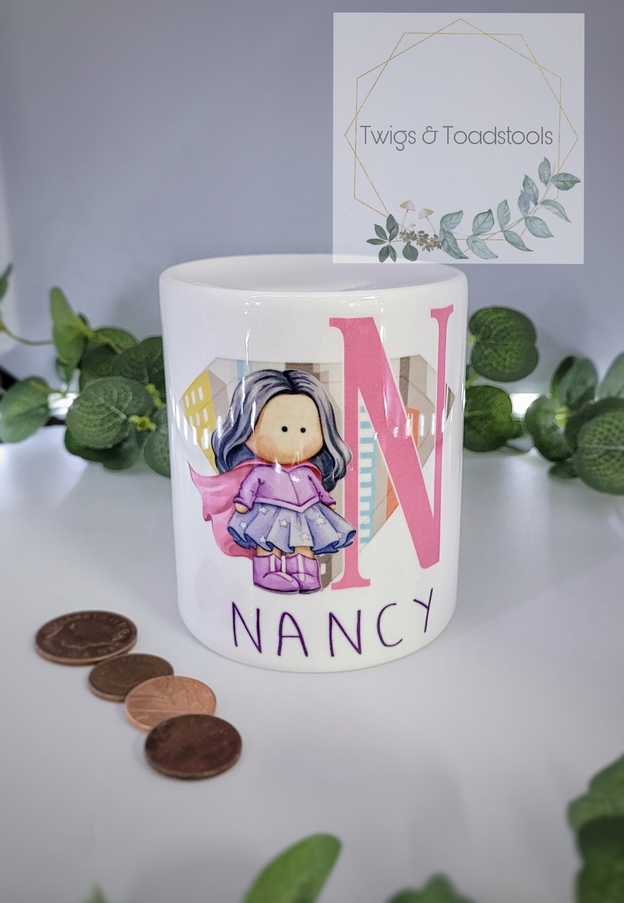Personalised superhero dolly moneybox - Folksy