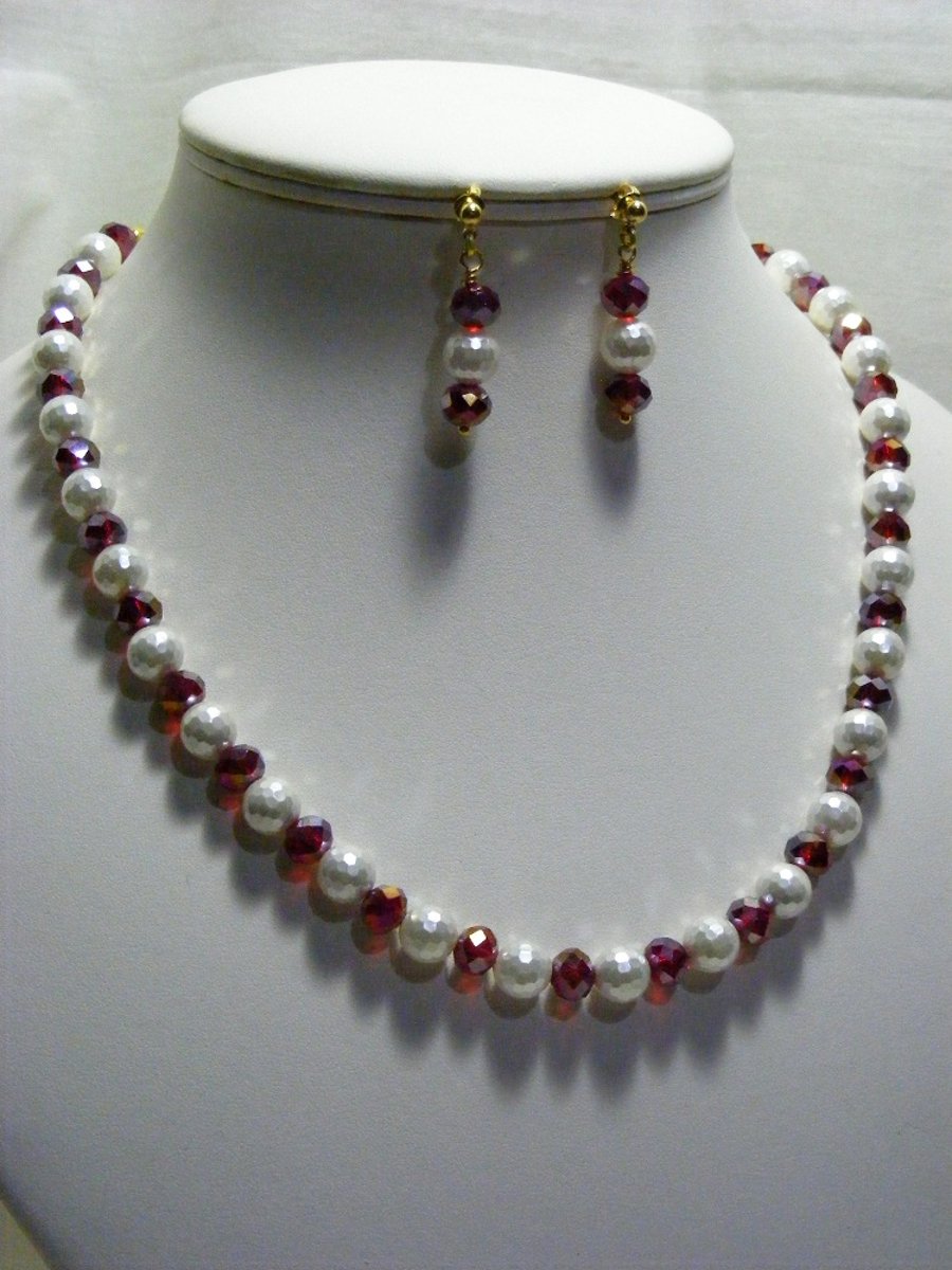 Shell Pearl and Ruby Red Crystal Jewellery Set - Folksy