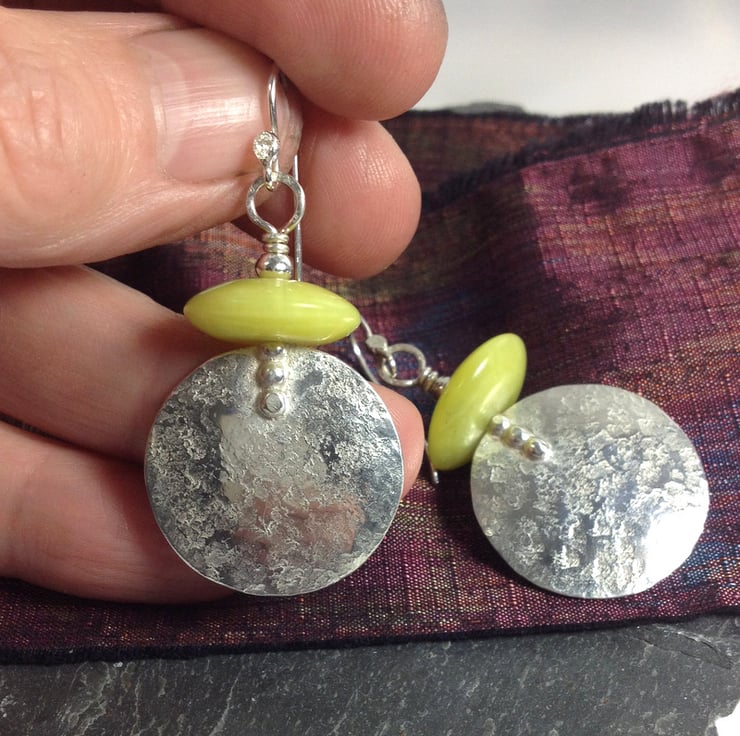 Large round silver and chartreuse stone earrings - Folksy