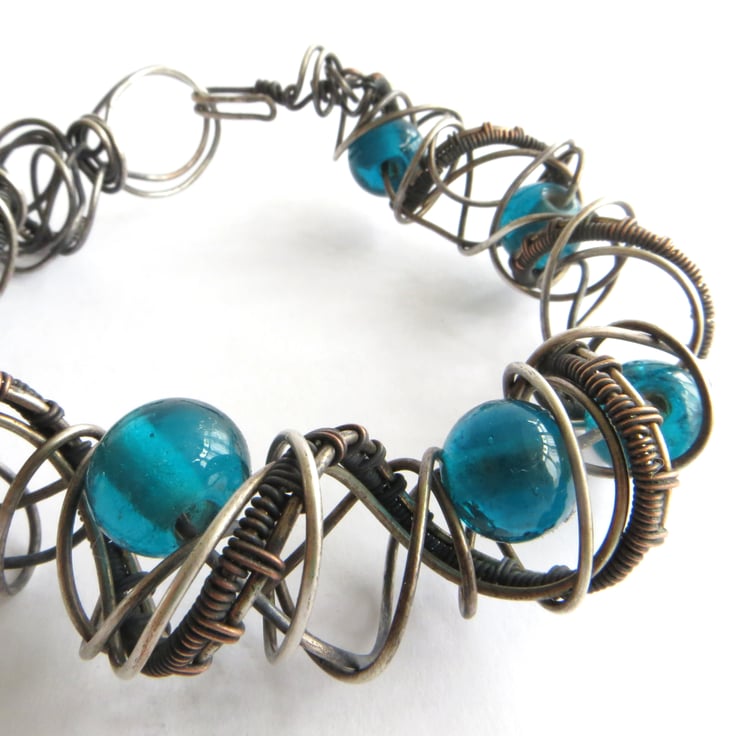 Bangle, Coiled Silver Wirework with Turquoise G... - Folksy