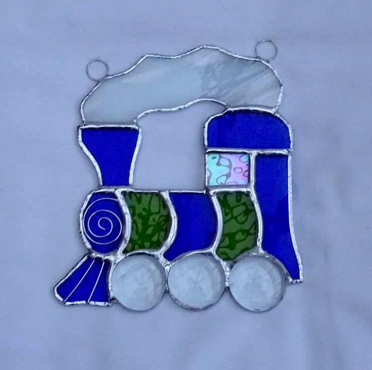 Stained Glass Train Suncatcher - Blue and Lime - Folksy