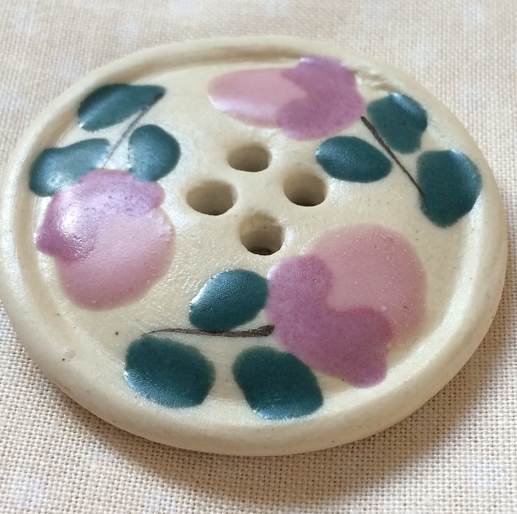 Large cream ceramic button with pink flowers - Folksy