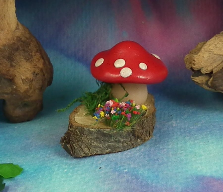 Toadstool with meadow flowers on wooden base OO... - Folksy