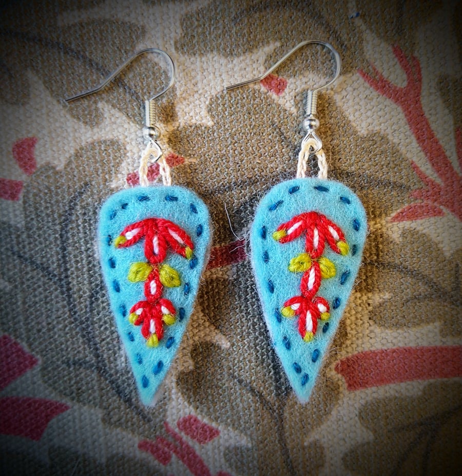 Hand embroidered pure wool felt earrings - Folksy