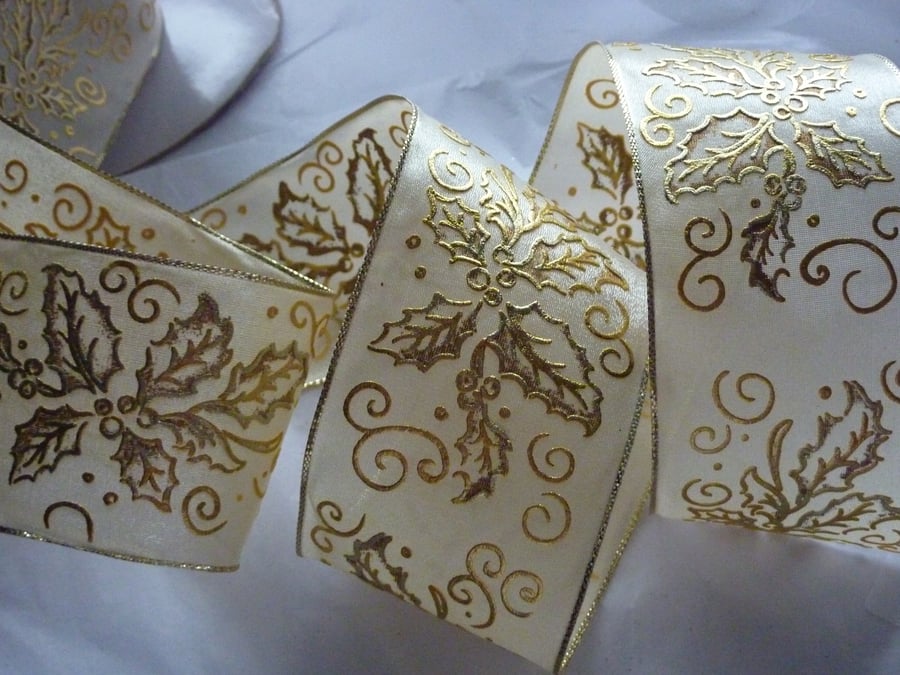 1 Metre Wire Edged Xmas Ribbon 63mm Cream &... - Folksy