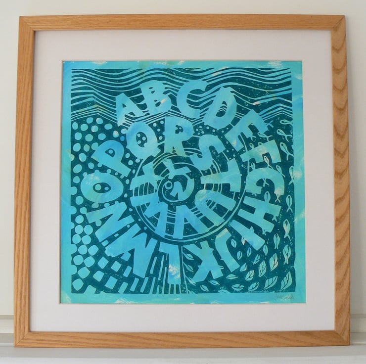 Alphabet blue linocut print - Folksy