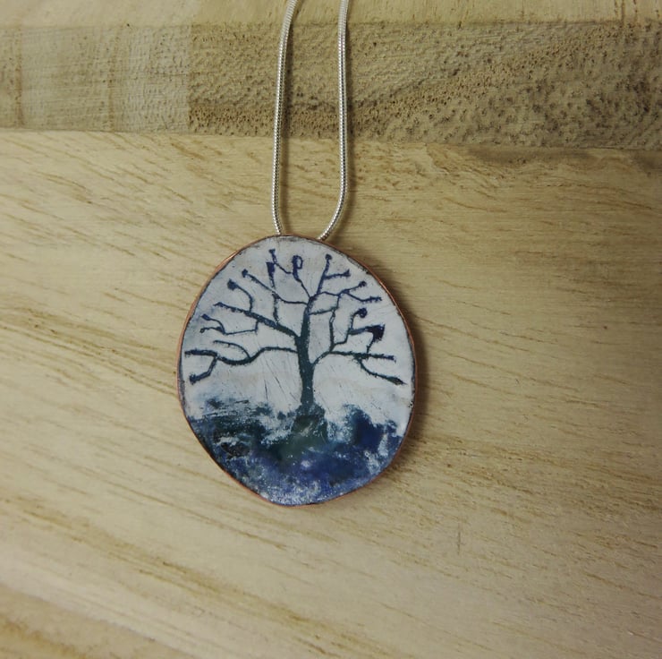 Enamel and Copper Blue and Green Tree Pendant. - Folksy