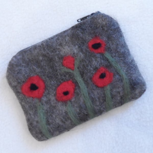 Coin Purse grey felted with poppy decoration - ... - Folksy