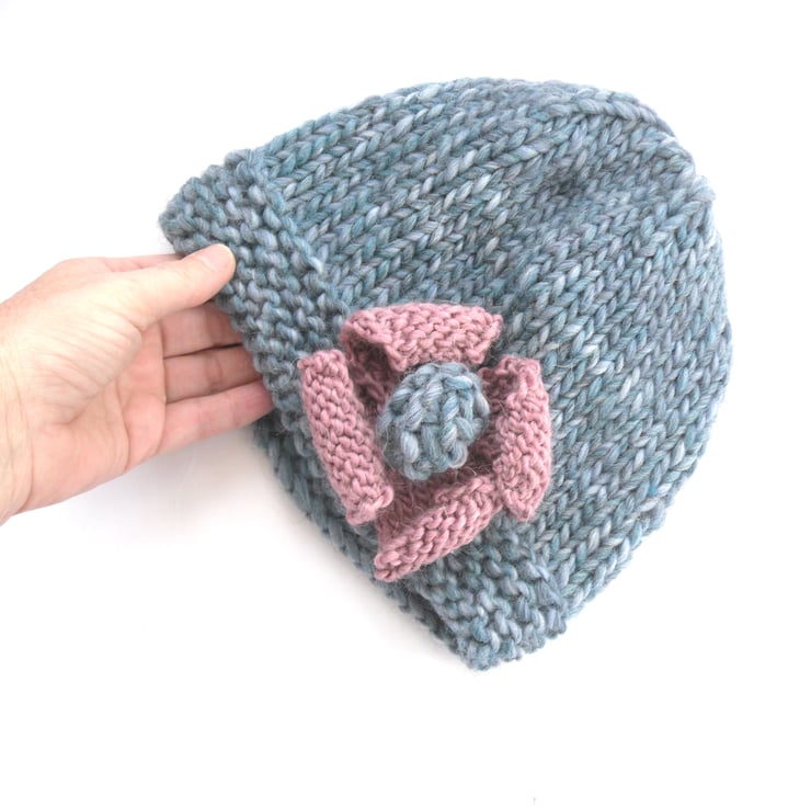 Blue wool hand knit hat - Folksy