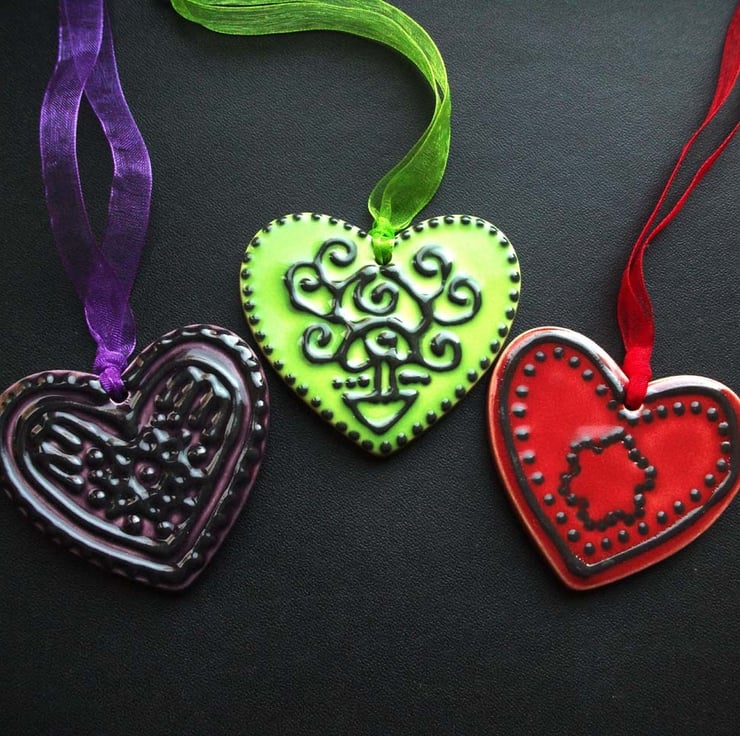 Set of three ceramic heart decorations - Folksy
