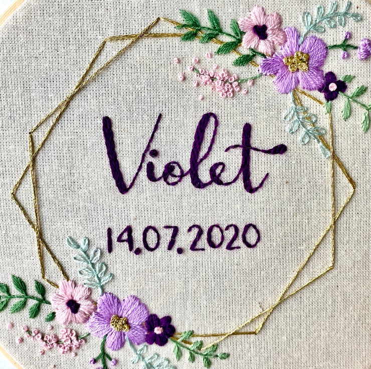 Name and Date Handmade Embroidery Hoop with Flo... - Folksy