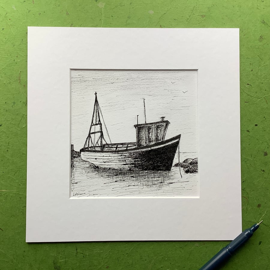 Fishing boat - pen and ink drawing of a fishing... - Folksy